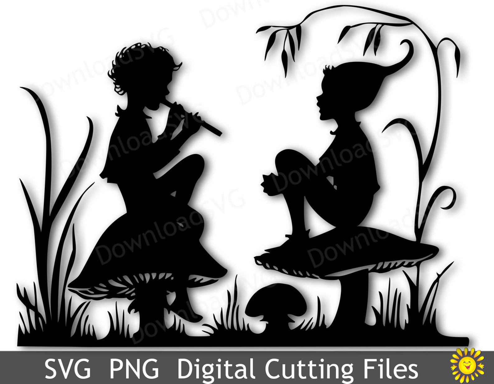 Elf on Mushroom and Boy Playing Flute Cutting File Vinyl Transfer ...