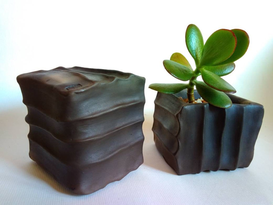 Small square black ceramic planter for succulents. Modern | Etsy