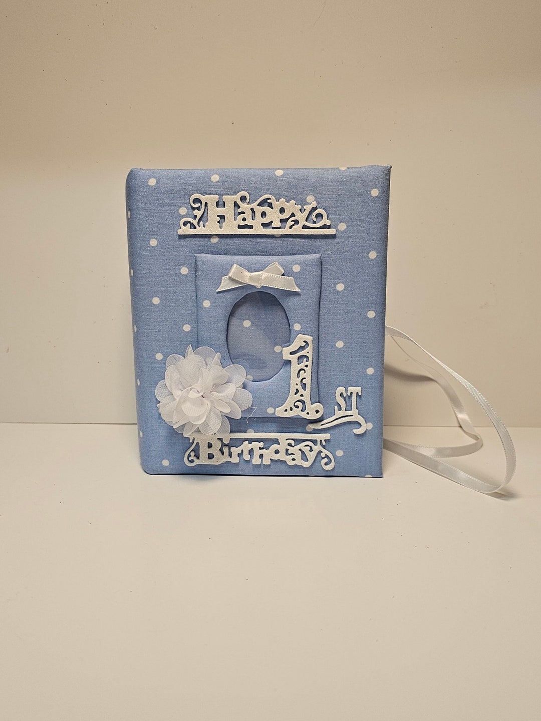 Happy 1st Birthday Blue Polka Dot Fabric Photo Album for Baby Boy ...