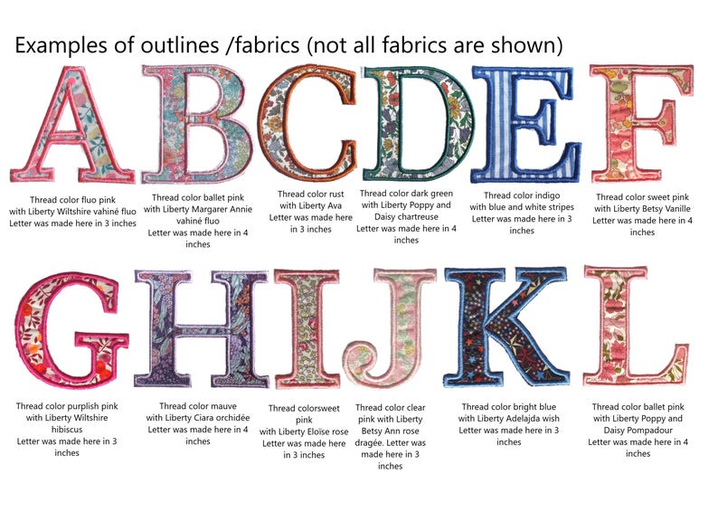 Thin Letters to Sew or Stick in Liberty, 68 Fabrics to Choose From, 5 ...
