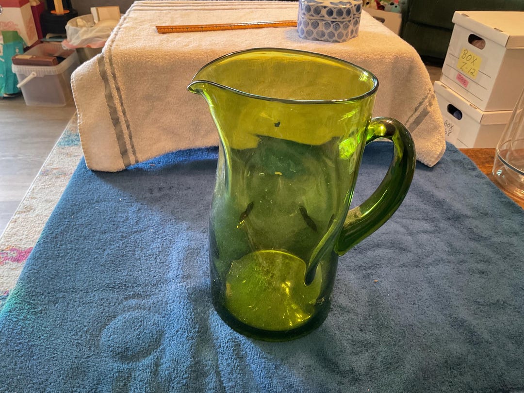 Blenko Blown Art Glass Green Dimpled and Indented Unique Pitcher ...