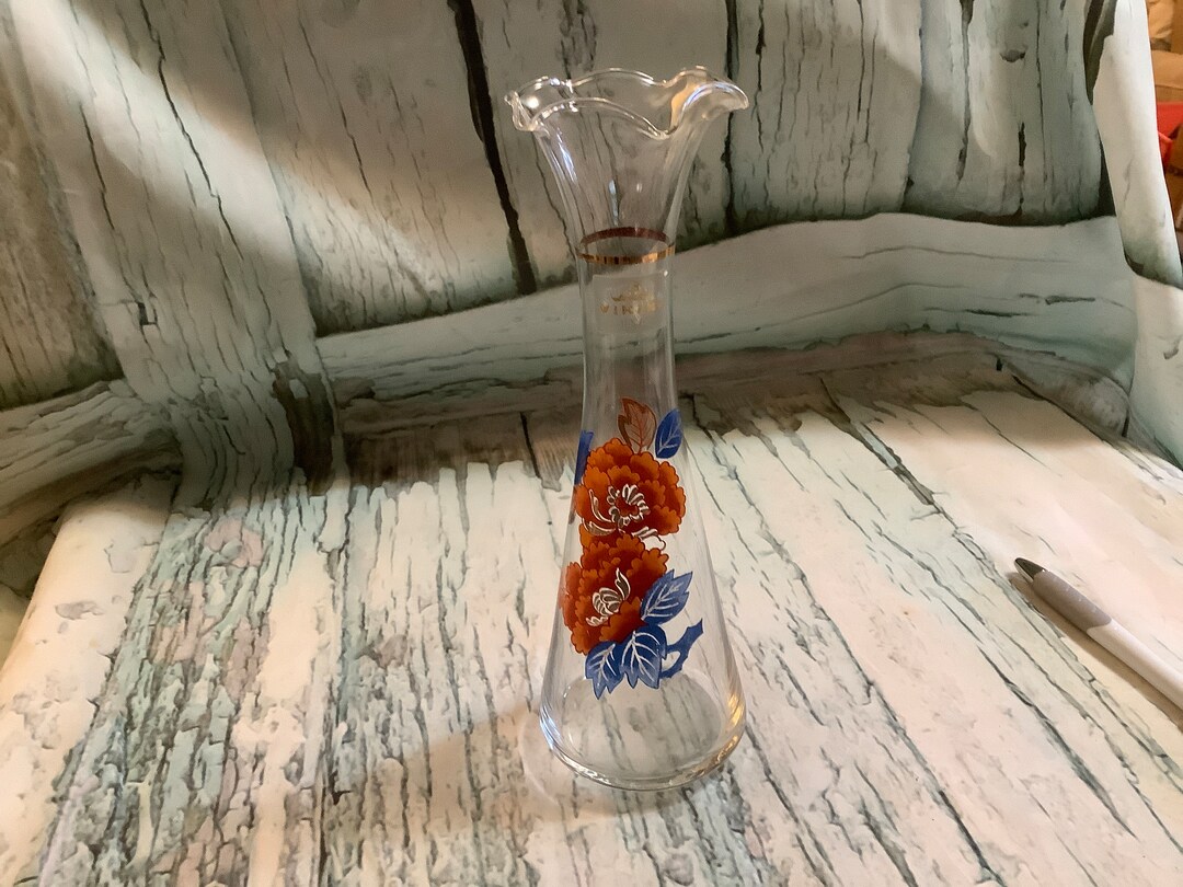 Vintage Viking Hand Painted Bud Vase. Vivid Orange and Blue. - Etsy
