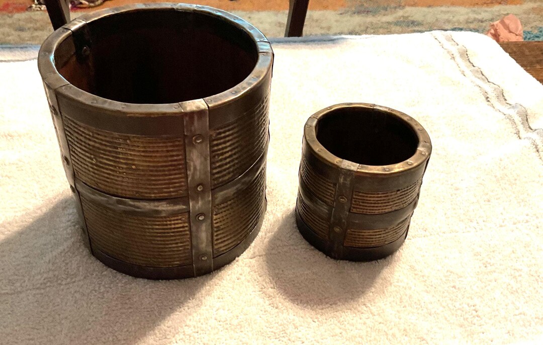 Brass and Wood Grain Measuring Nesting Pots Set of 2. Large Measures 5 ...