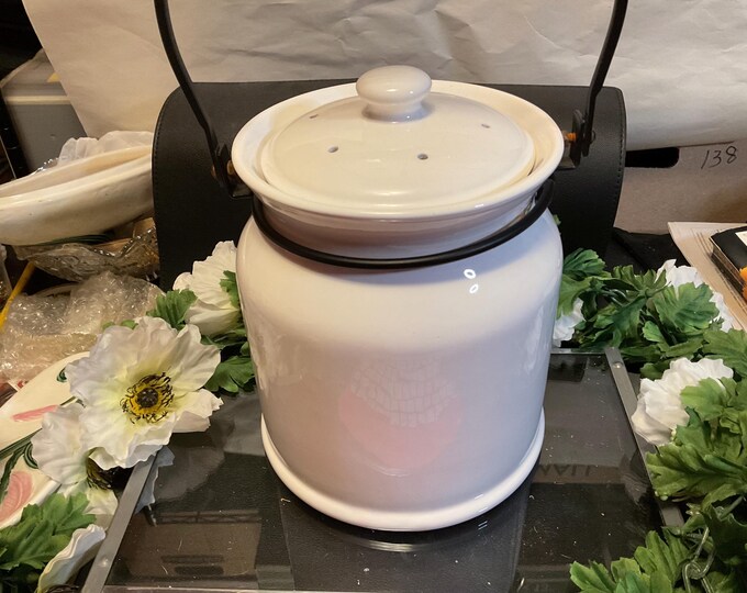 White Porcelain Compost Jug With Metal and Wood Handle 6 Holes in the ...