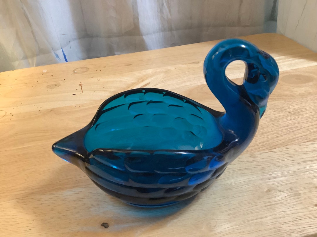 Vintage Blue Epic Viking Glass Open Swan Dish Figurine Stands 5” Tall ...