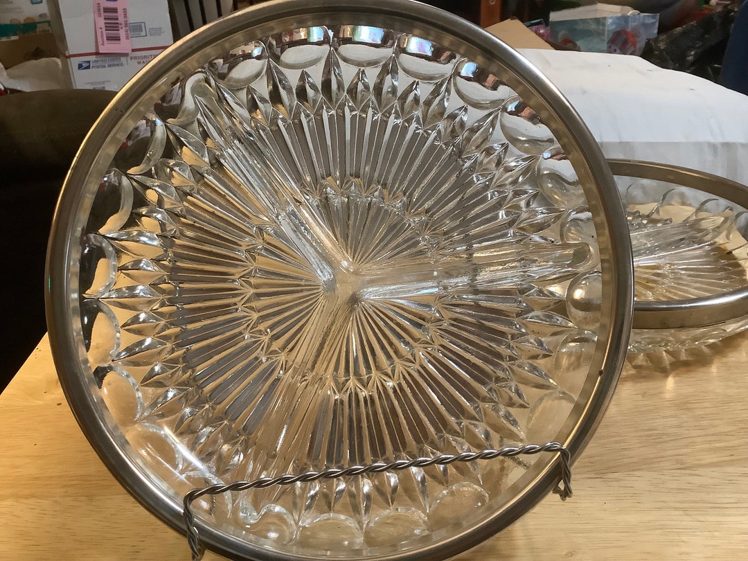 Three Tray Divider With a Silver Border and Thumbprint Rimmed Bowl ...