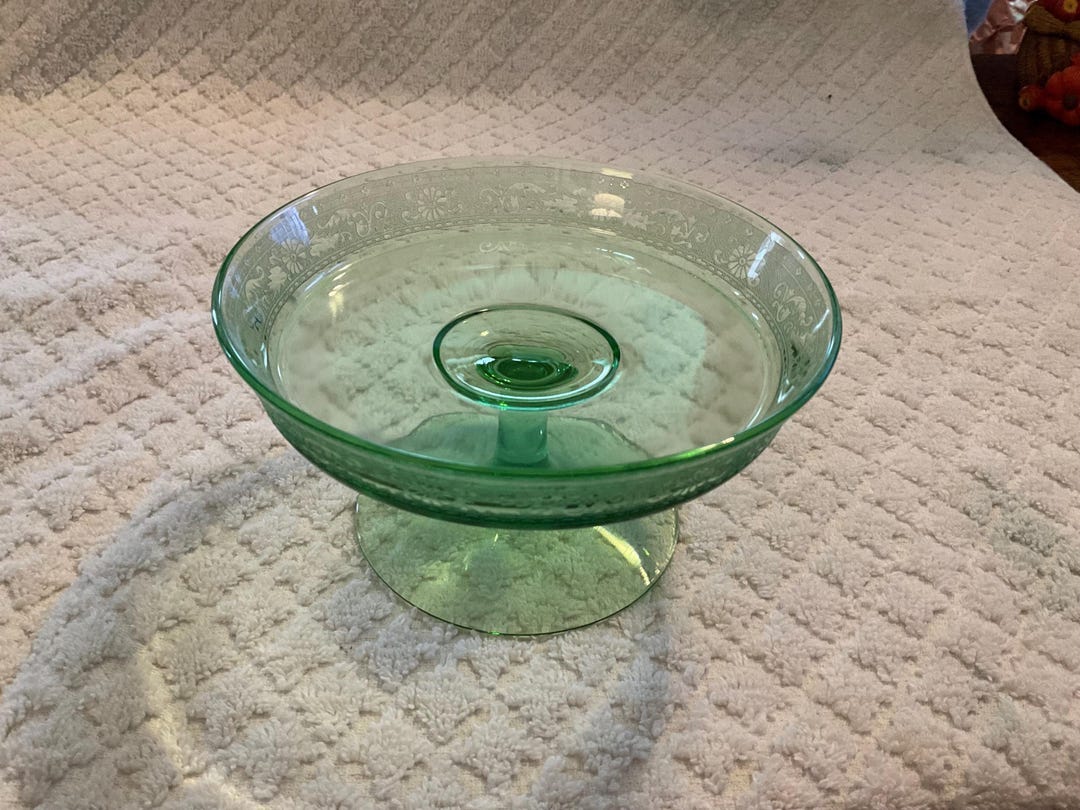 Uranium Glass Candy Dish/trinket Dish Beautiful Etching Around the Rim ...