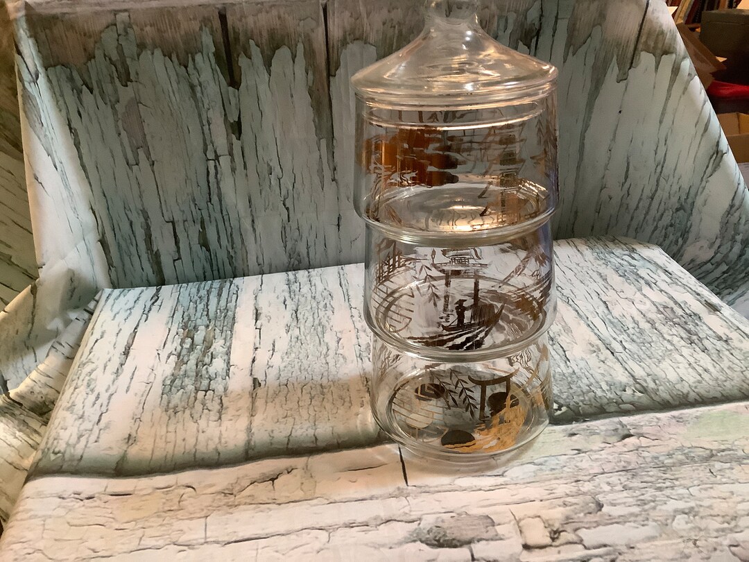 Mid Century Bartlett Collins, 1960s Glass Pagoda Gilt Stacking, Snack ...