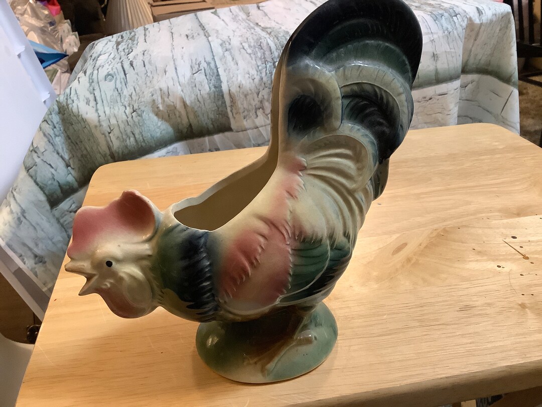 1950s Royal Copley, Ceramic Rooster Planter, Blue and White Tail ...