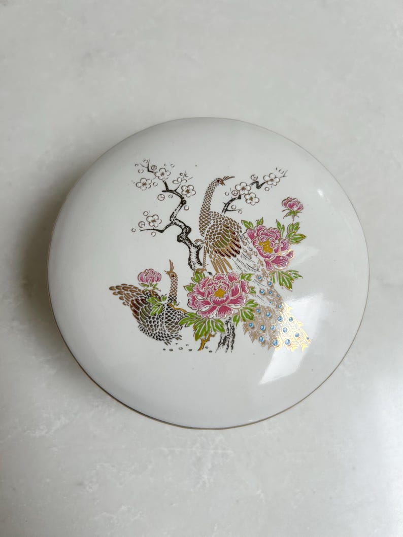 Vintage Japan Chinoiserie Porcelain Trinket Box, Peacocks and Peony ...