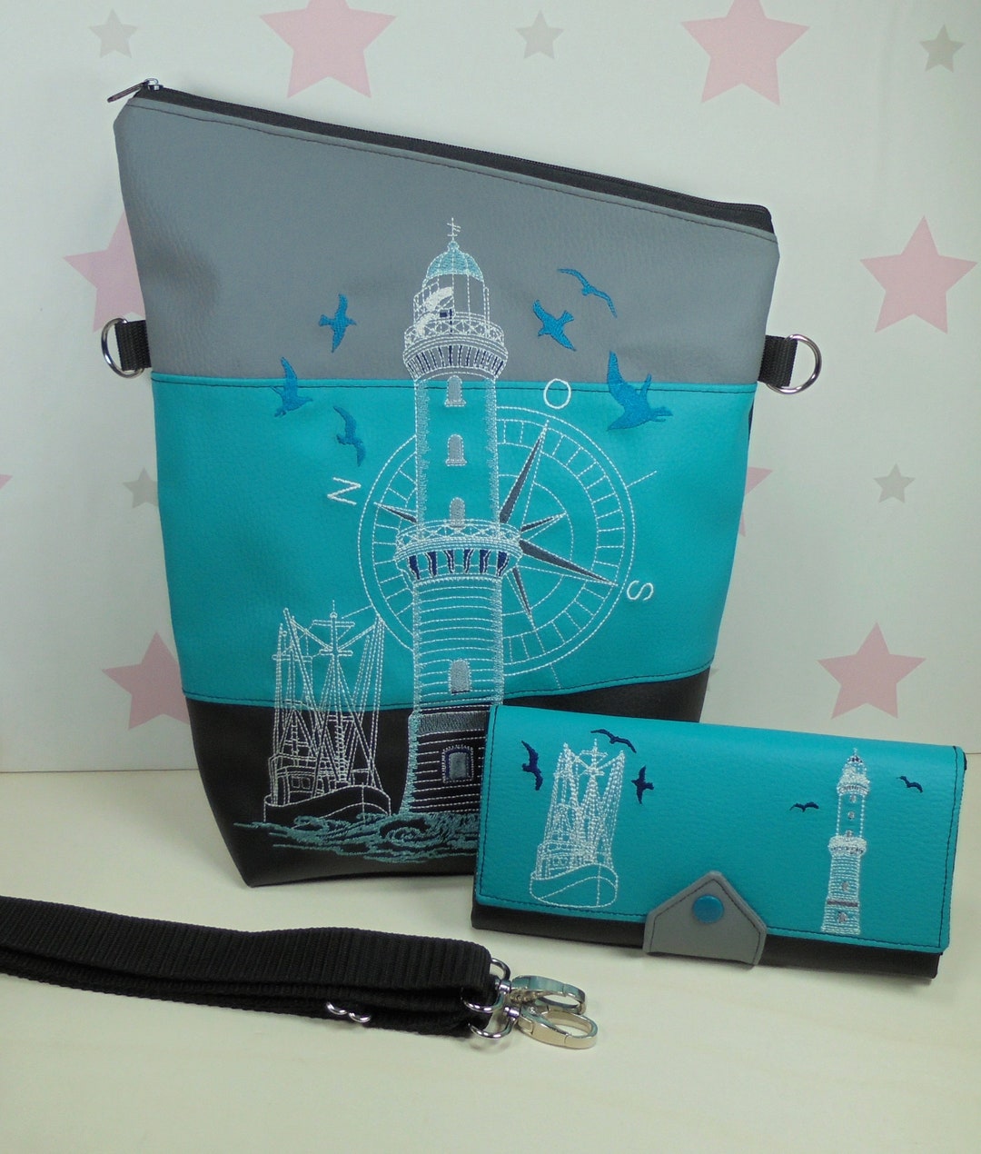 Pink Stars LIGHTHOUSE Handbag Wallet Shoulder Bag Purse Maritime ...