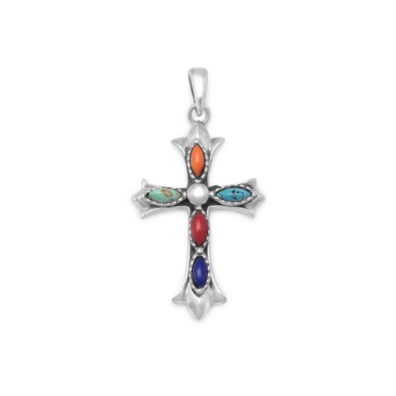 Sterling Silver Multicolor Stone Cross Pendant Cross - Etsy