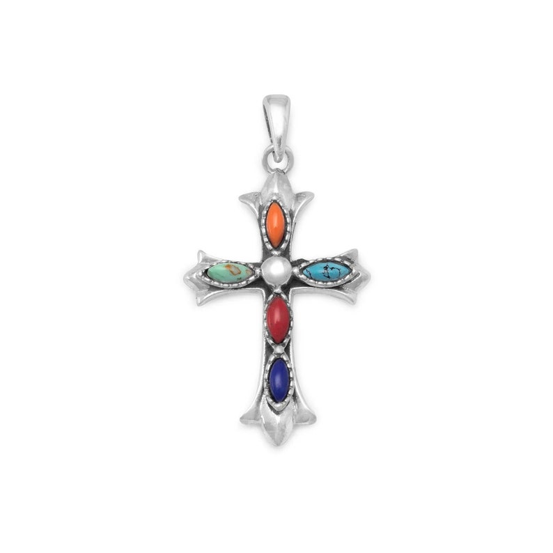 Sterling Silver Multicolor Stone Cross Pendant - Coral Cross Pendant - Etsy