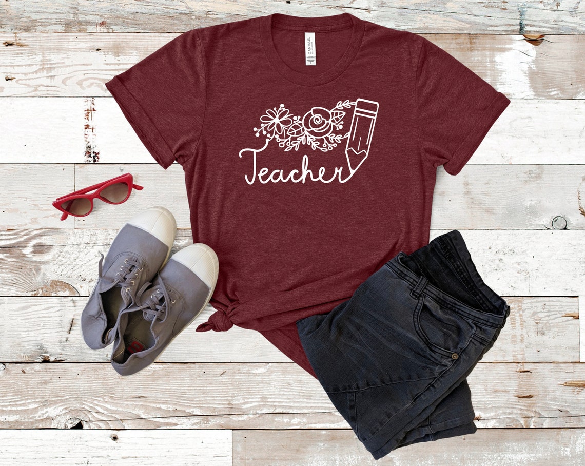 Teacher Floral and Pencil T-shirt - Etsy
