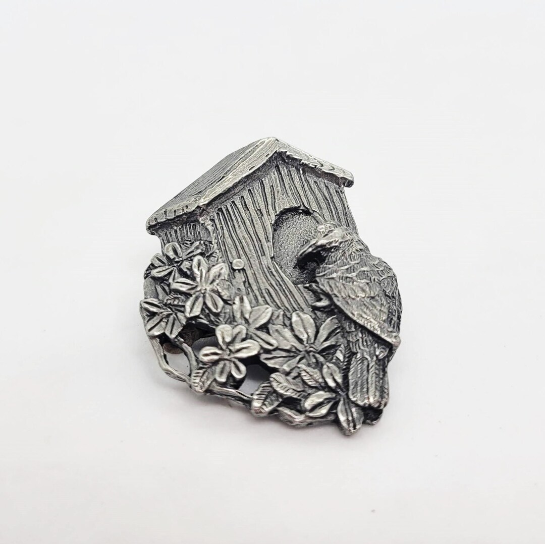 Vintage Pewter Birds and Blooms Woodpecker Bird House Pin - Etsy