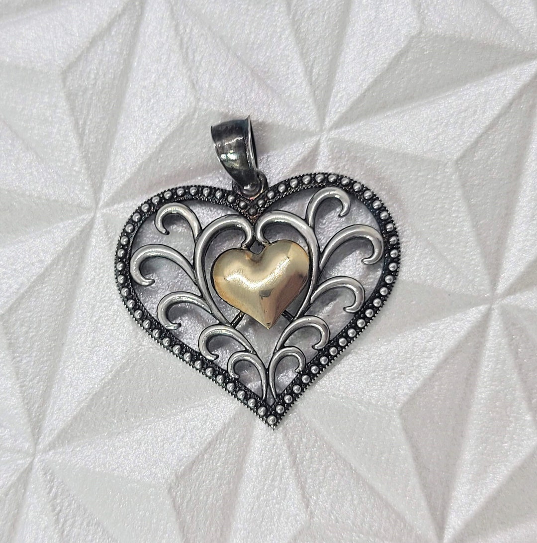 Sterling and 10K Gold Filigree Heart Pendant - Etsy