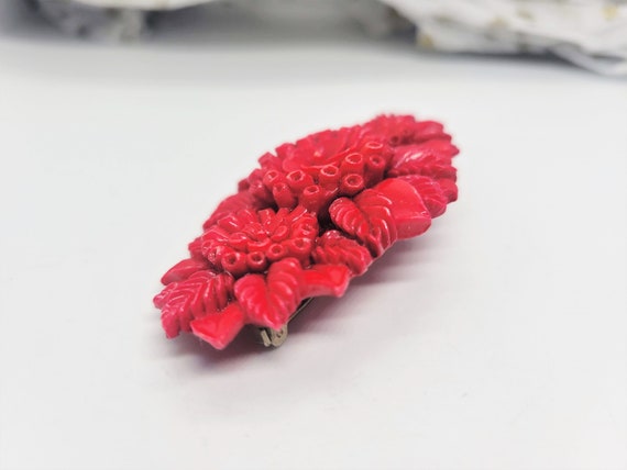 Molded Red Celluloid Floral Brooch - Gem