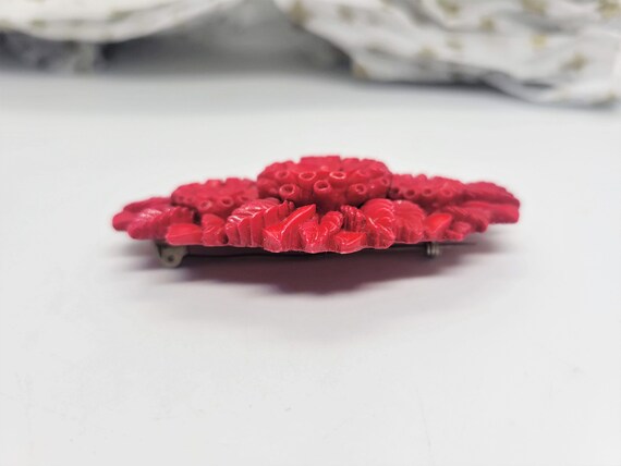 Molded Red Celluloid Floral Brooch - Gem