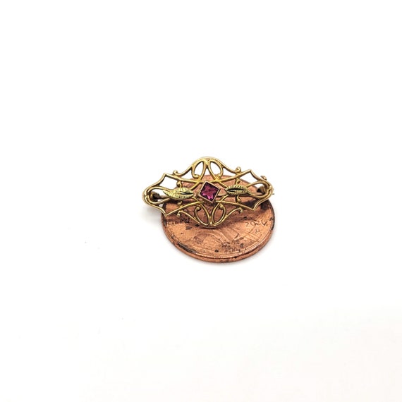 Small Antique Art Nouveau 10k Gold and Ruby Pin - Gem