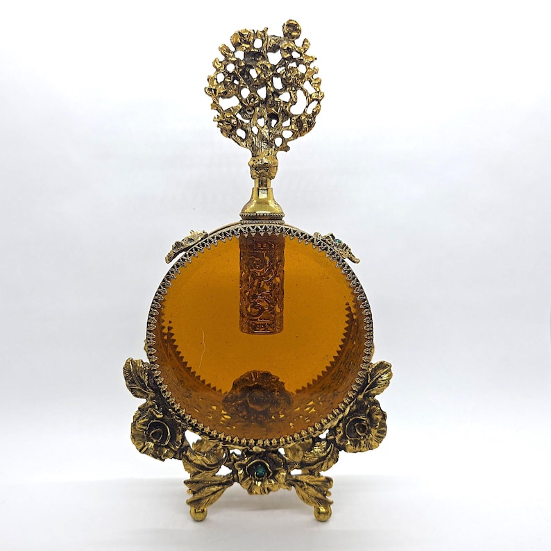 Vintage 1950s Ormolu Perfume Bottle, Regency Style Filigree Amber Glass ...