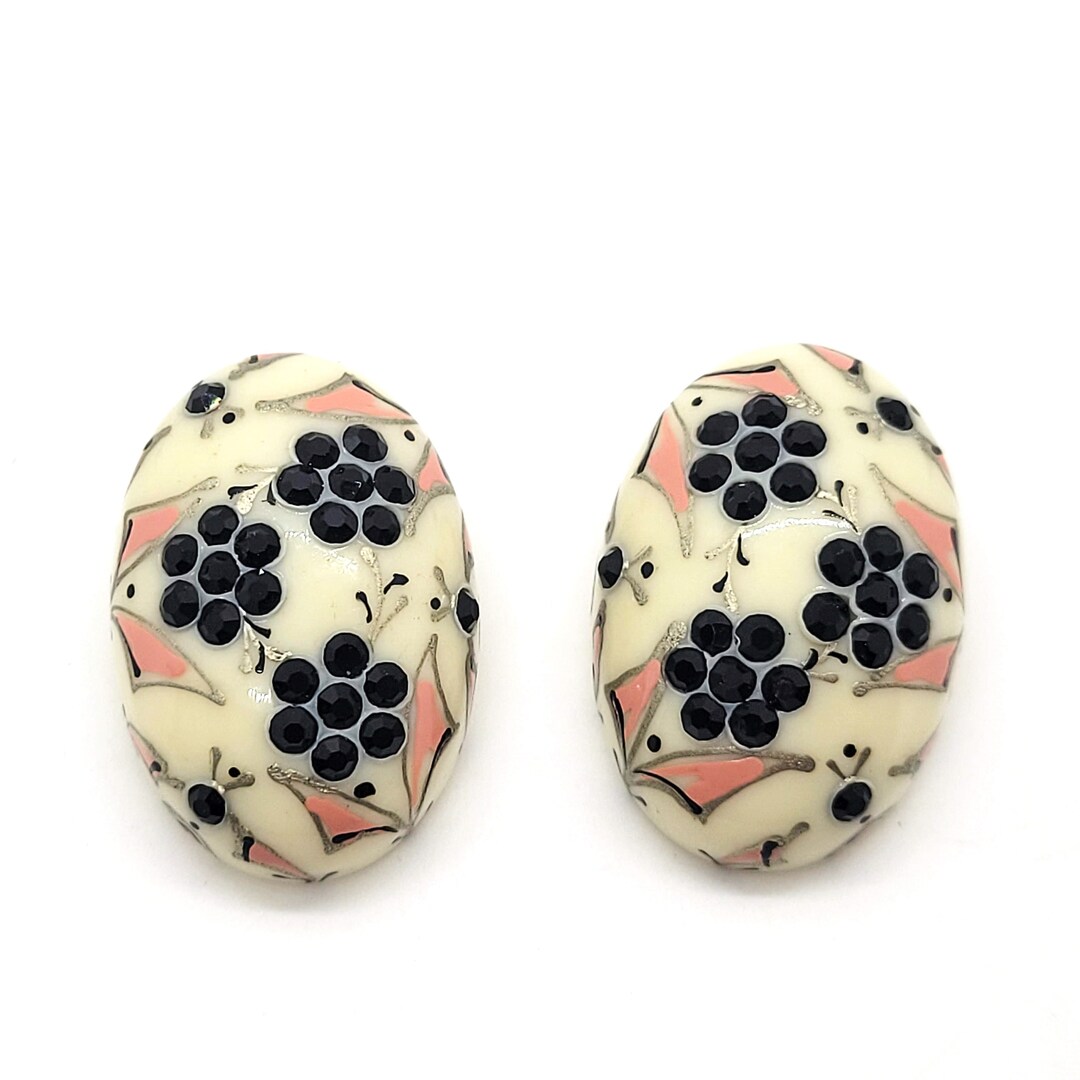 Egg Shaped Celluloid & Rhinestone Clip on Earrings - Etsy