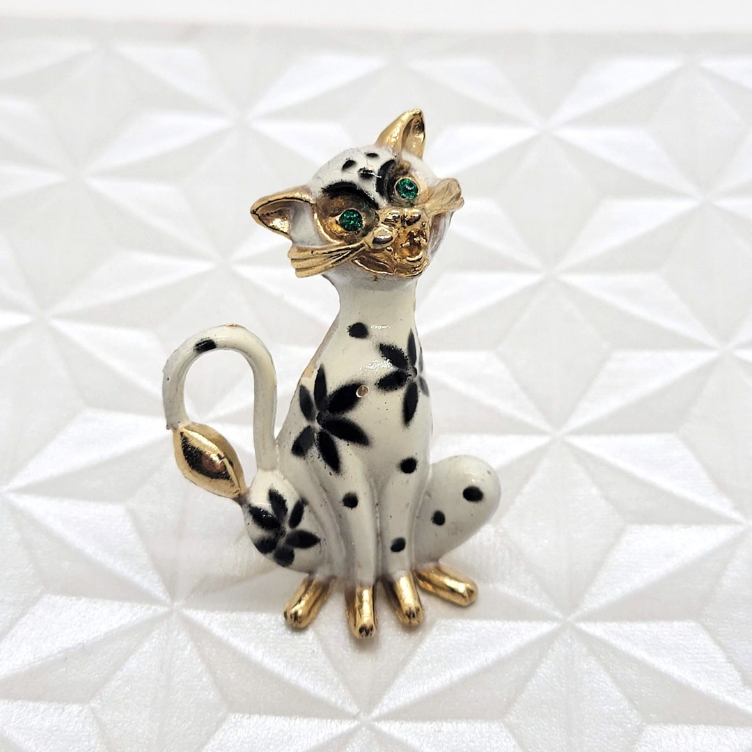 Enameled Cat Pin With Rhinestone Eyes - Etsy