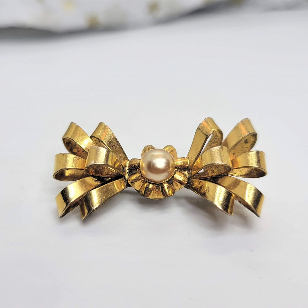 Vintage 10k Gold Filled Bow Pin With Pearl - Etsy