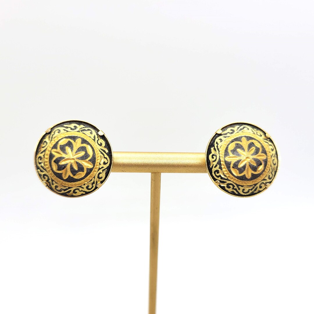 Vintage Spanish Damascene Clip on Button Earrings - Etsy