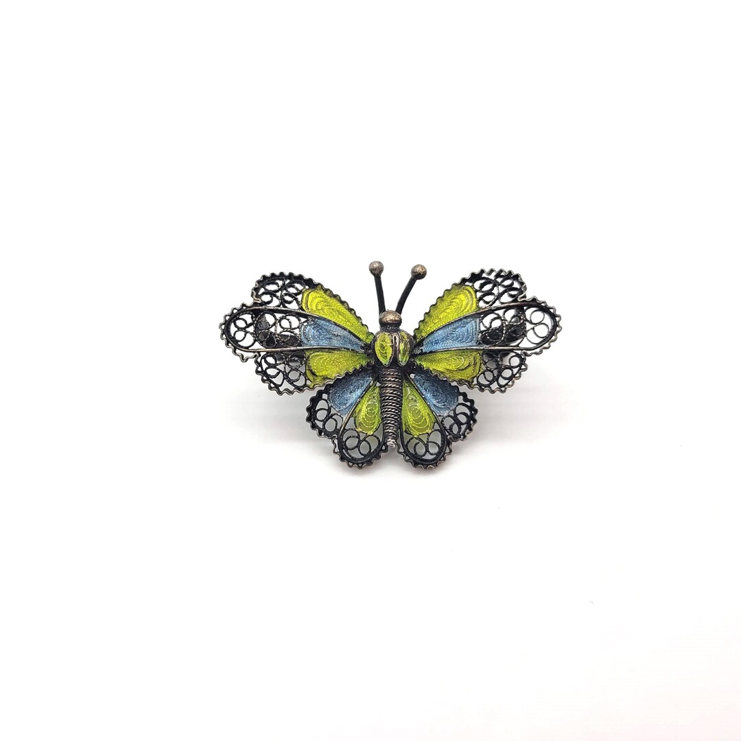 Vintage Enameled Silver Wire Butterfly Brooch - Etsy