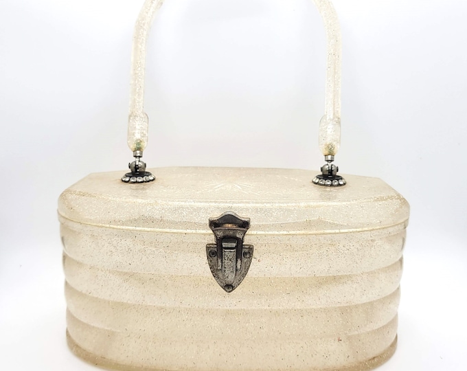 Vintage 1950s Lucite Lace Brass Box Purse / 50s Glitter Evening Purse ...