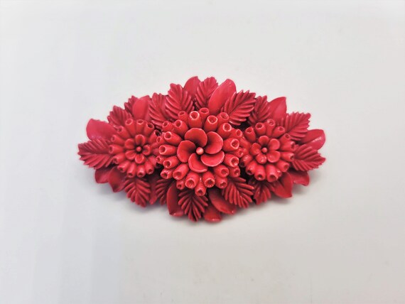 Molded Red Celluloid Floral Brooch - Gem