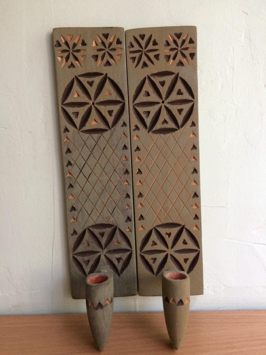 A Pair of Swedish Folk Art Wooden Chip Carved Sconces Handmade Wall ...