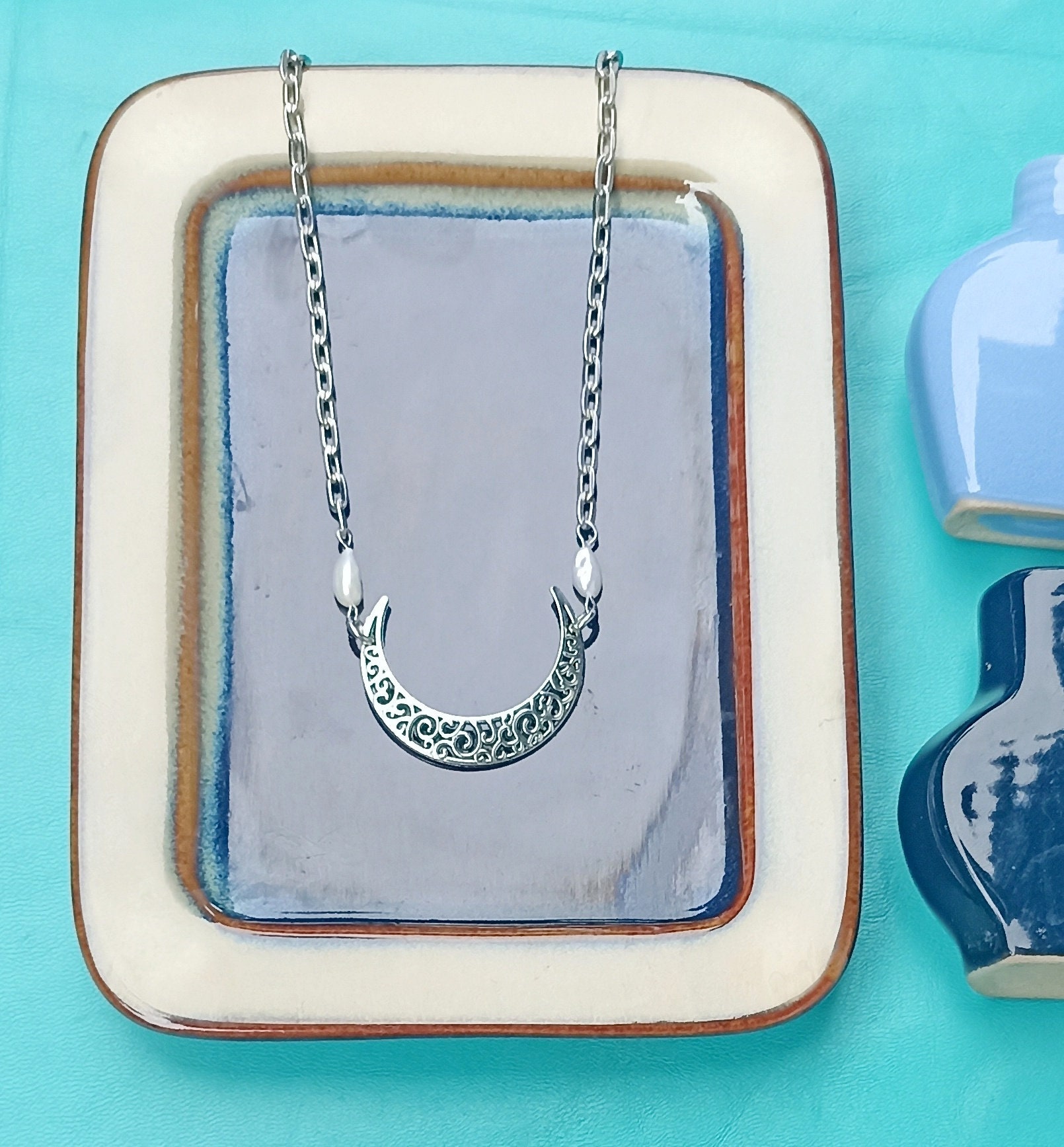 Crescent Moon Necklace With Pearls, Eyeglasses Necklace, Eyeglass Loop ...