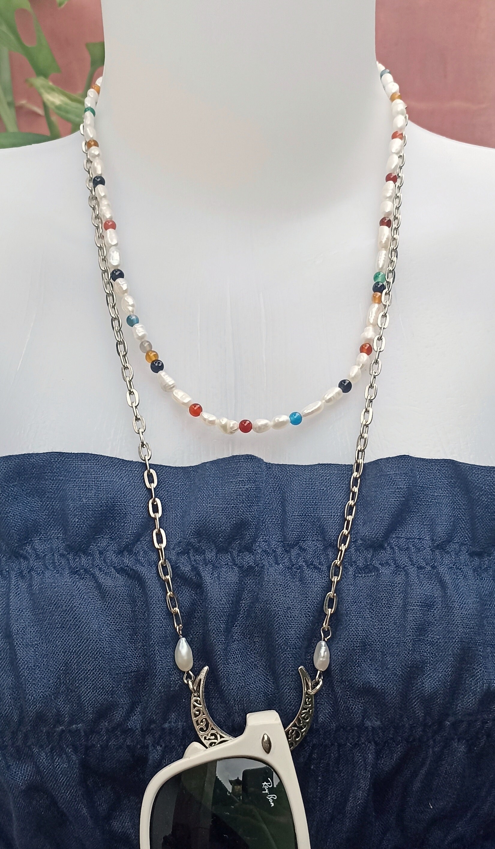 Crescent Moon Necklace With Pearls, Eyeglasses Necklace, Eyeglass Loop ...