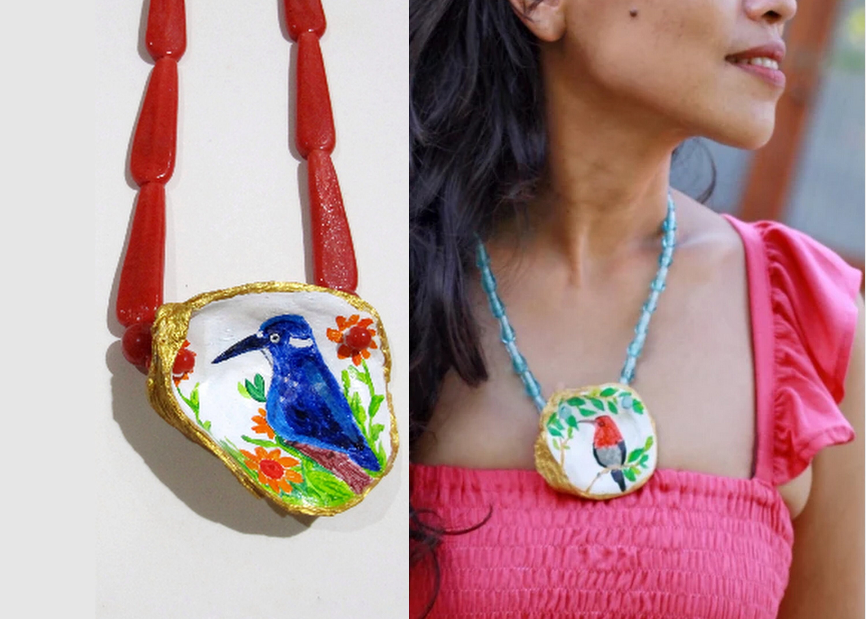 Painted Bird Necklace Oyster Art Necklace Exotic Necklace - Etsy