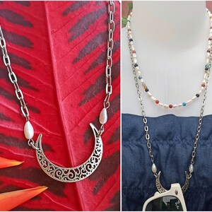 Crescent Moon Necklace With Pearls, Eyeglasses Necklace, Eyeglass Loop ...