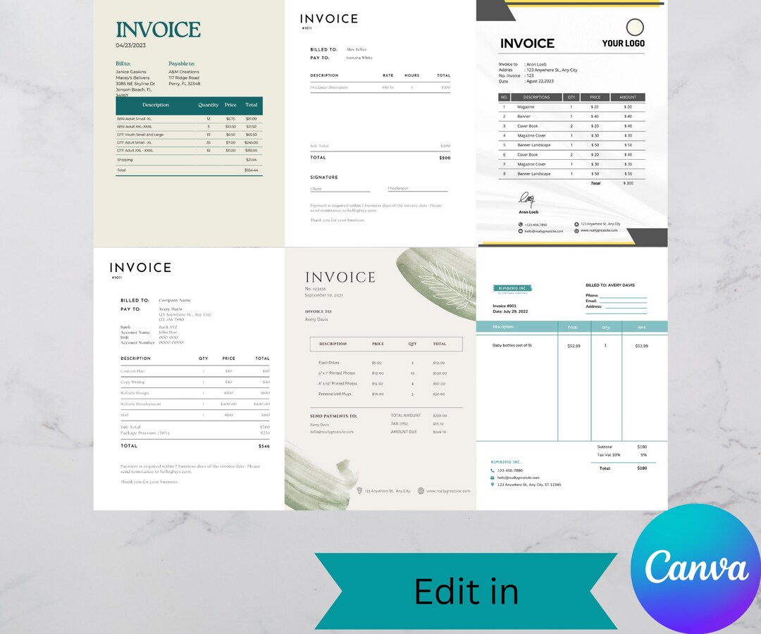 6 Invoice Templates | Canva Editable | Small Business | Printable ...