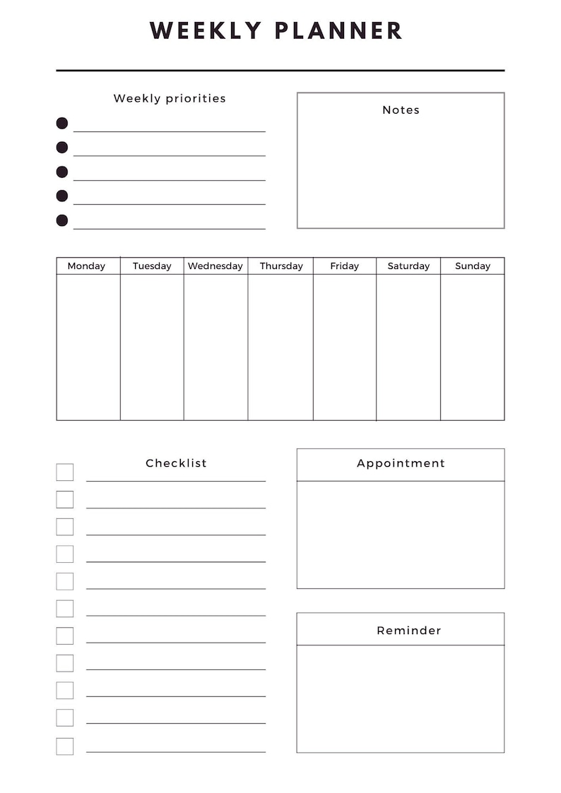 Minimal Weekly Planner | Printable Template | 4 Pages | 7 Days - Monday ...