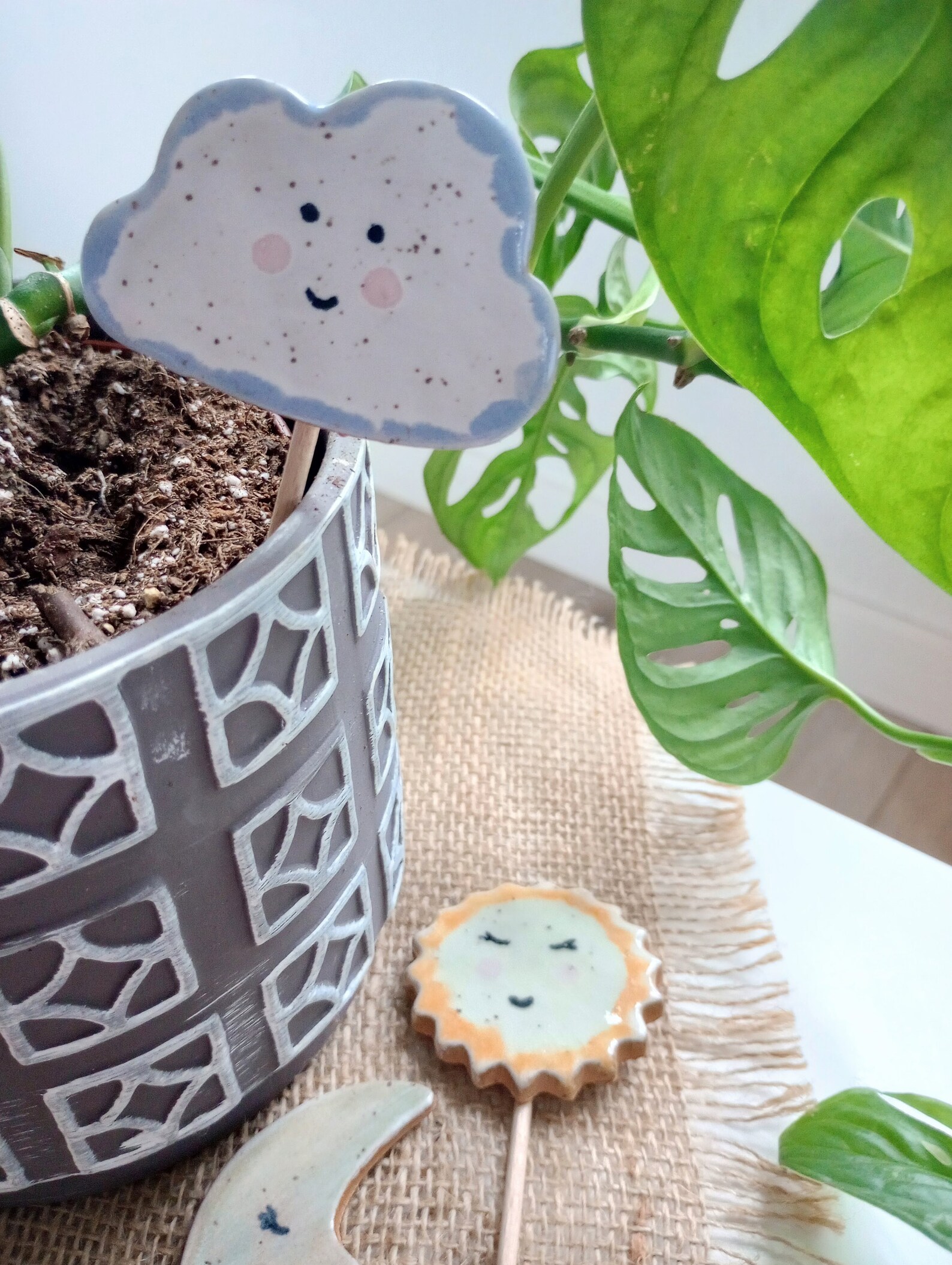 CELESTIAL PLANT STAKE, Ceramic Sun Stake, Moon, Cloud, Plant Stakes ...