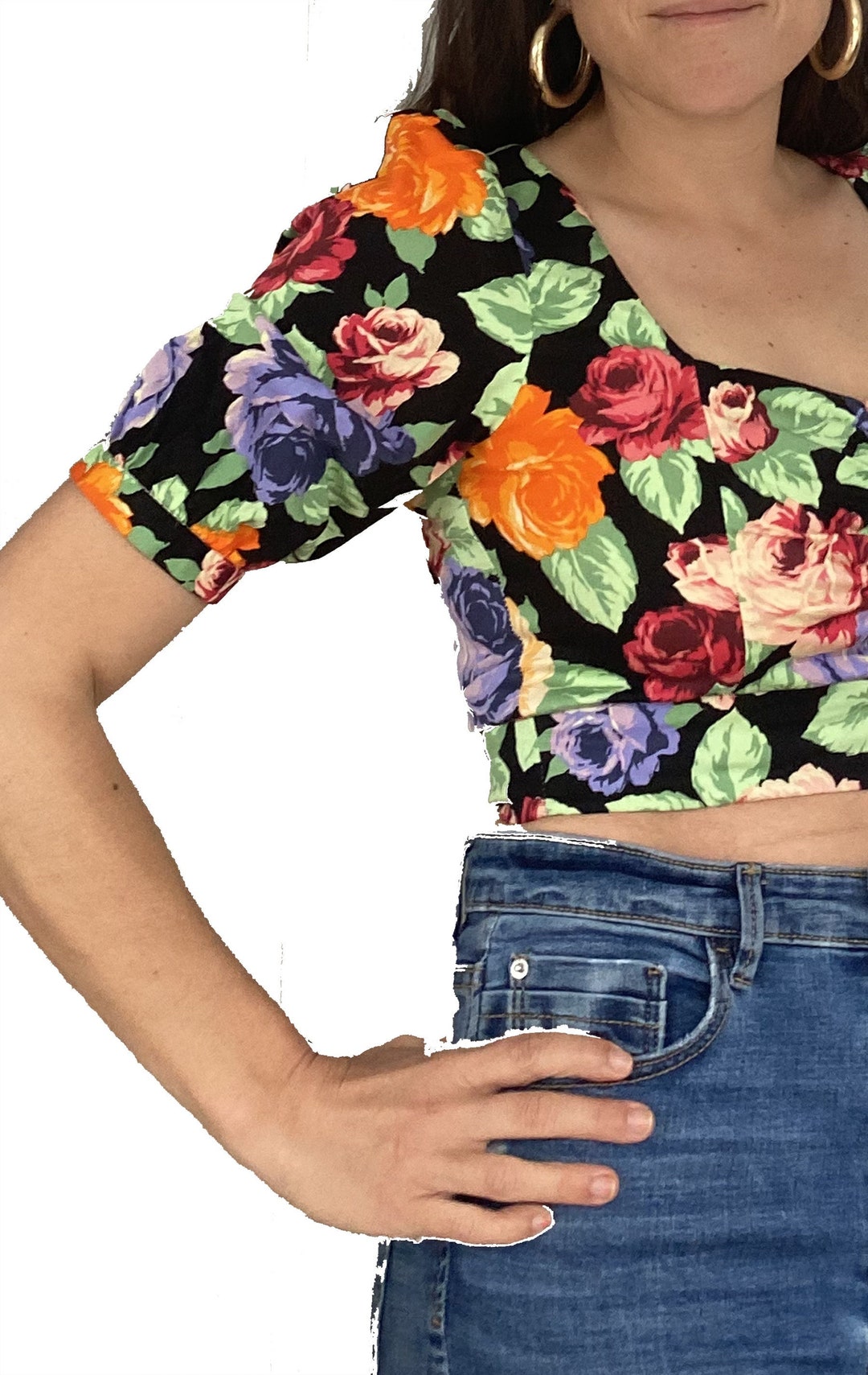 Black and Flowers Crop Top With Heart Shape Neckline//medium Size Puff ...