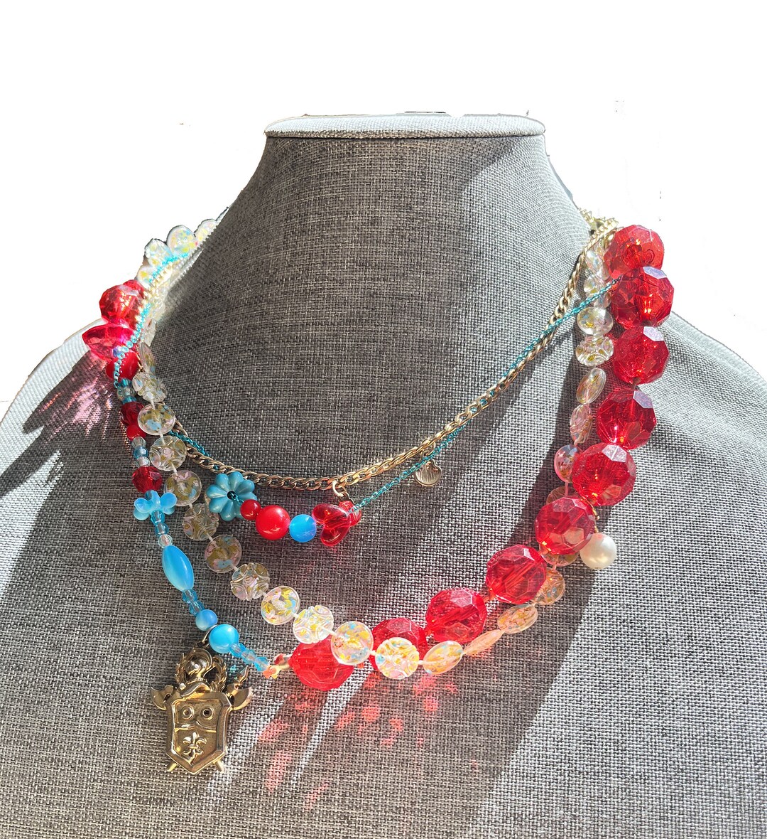 Red and Blue Upcycled Necklace, Made With Different Pieces of Vintage ...