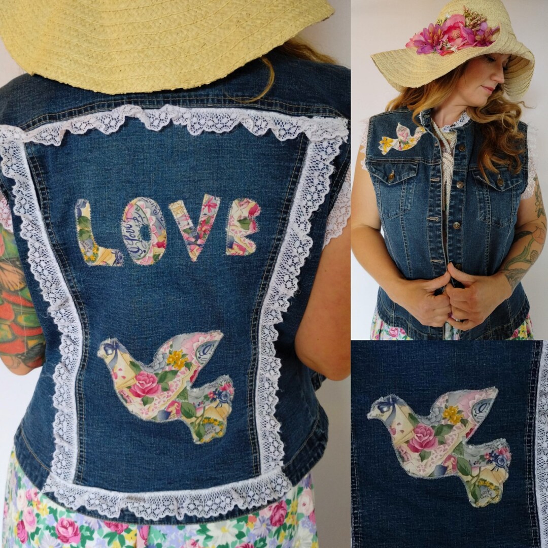 Cottage Core Denim Vest Dove Love Jean Jacket Hippie Mod Boho Large - Etsy