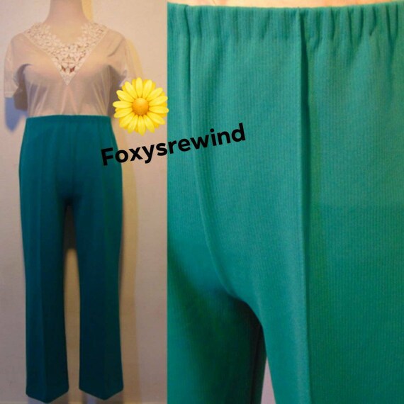 VINTAGE 1970s green pants polyester green Bell botto… - Gem