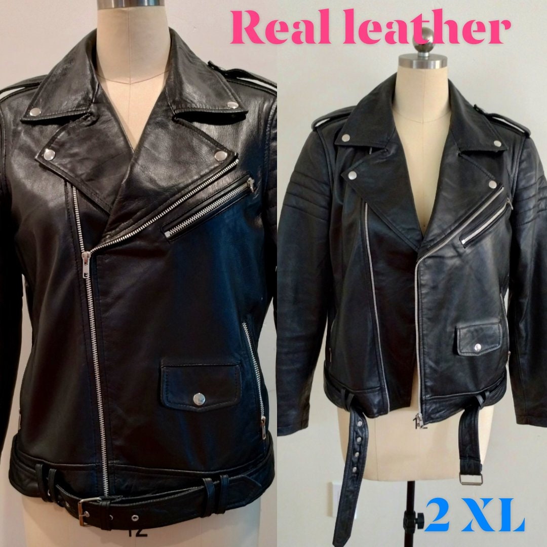 Black Real Leather Biker Punk Jacket Buttery Soft 2 XL Large Zippers ...