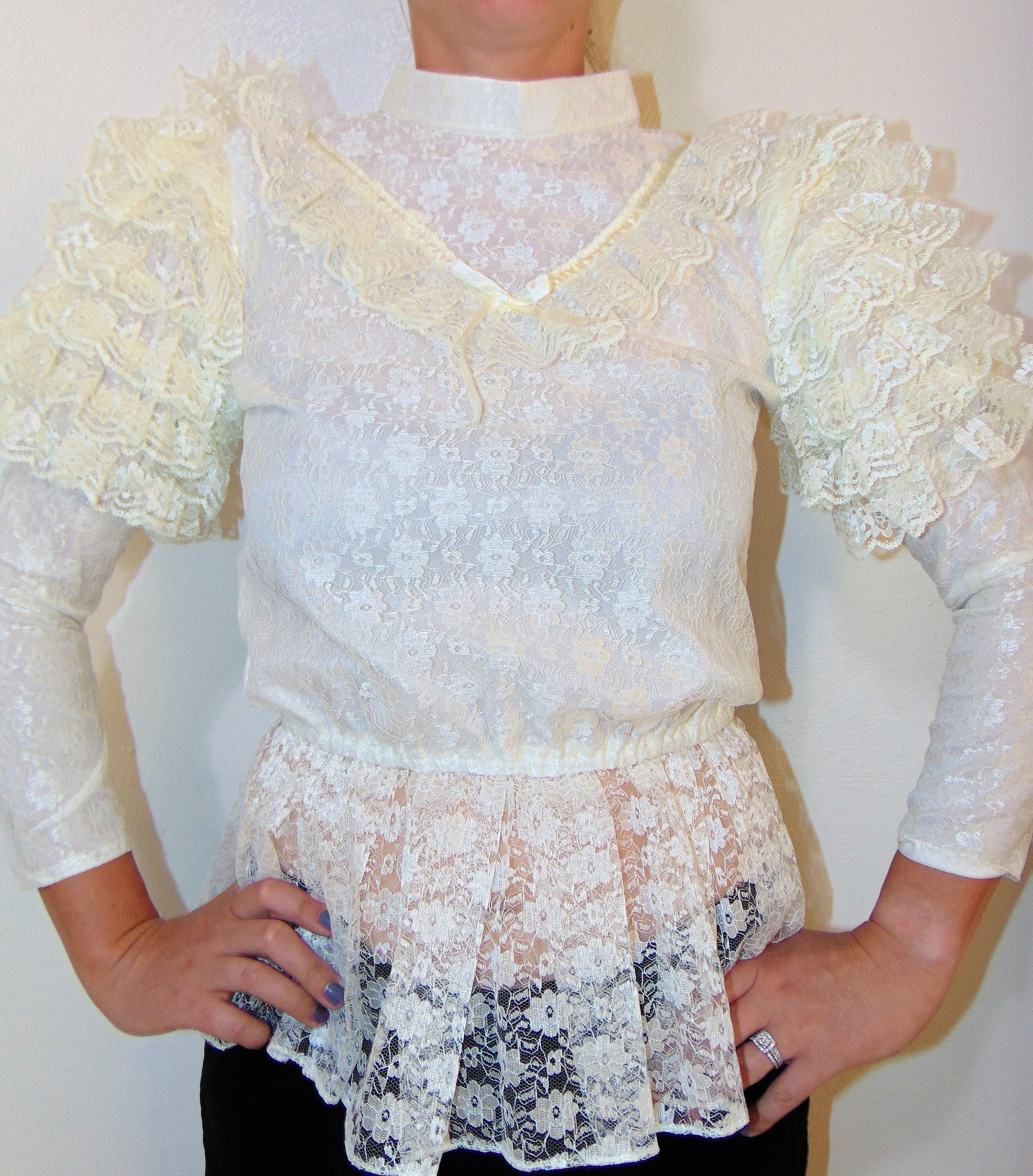 Vintage Victorian Blouse Mock Neck Ruffle Puffy Sleeves Beige | Etsy