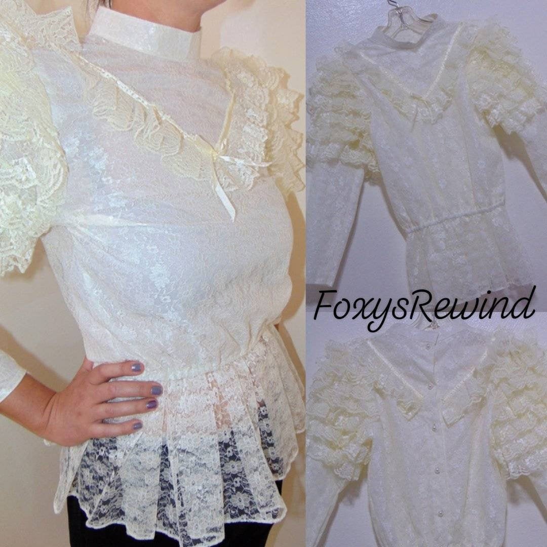 Vintage Victorian Blouse Mock Neck Ruffle Puffy Sleeves Beige Lace ...