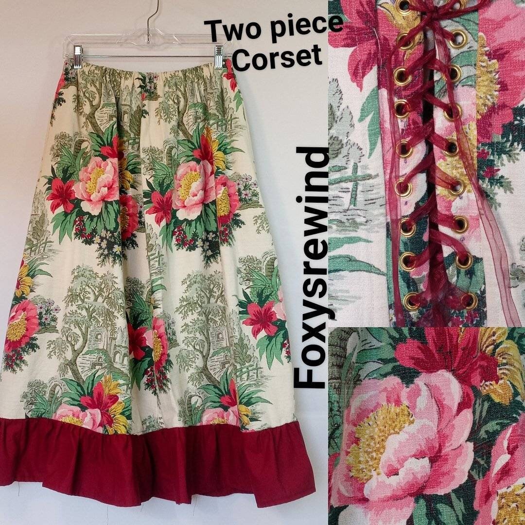 Cottage Burgundy Floral Corset Pintas Skirt Dress Barkcloth Ruffle Lace ...