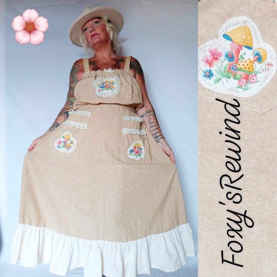 Prairie Cottage Beige Prairie Dress Magic Mushroom Maxi MIDI Hippie ...