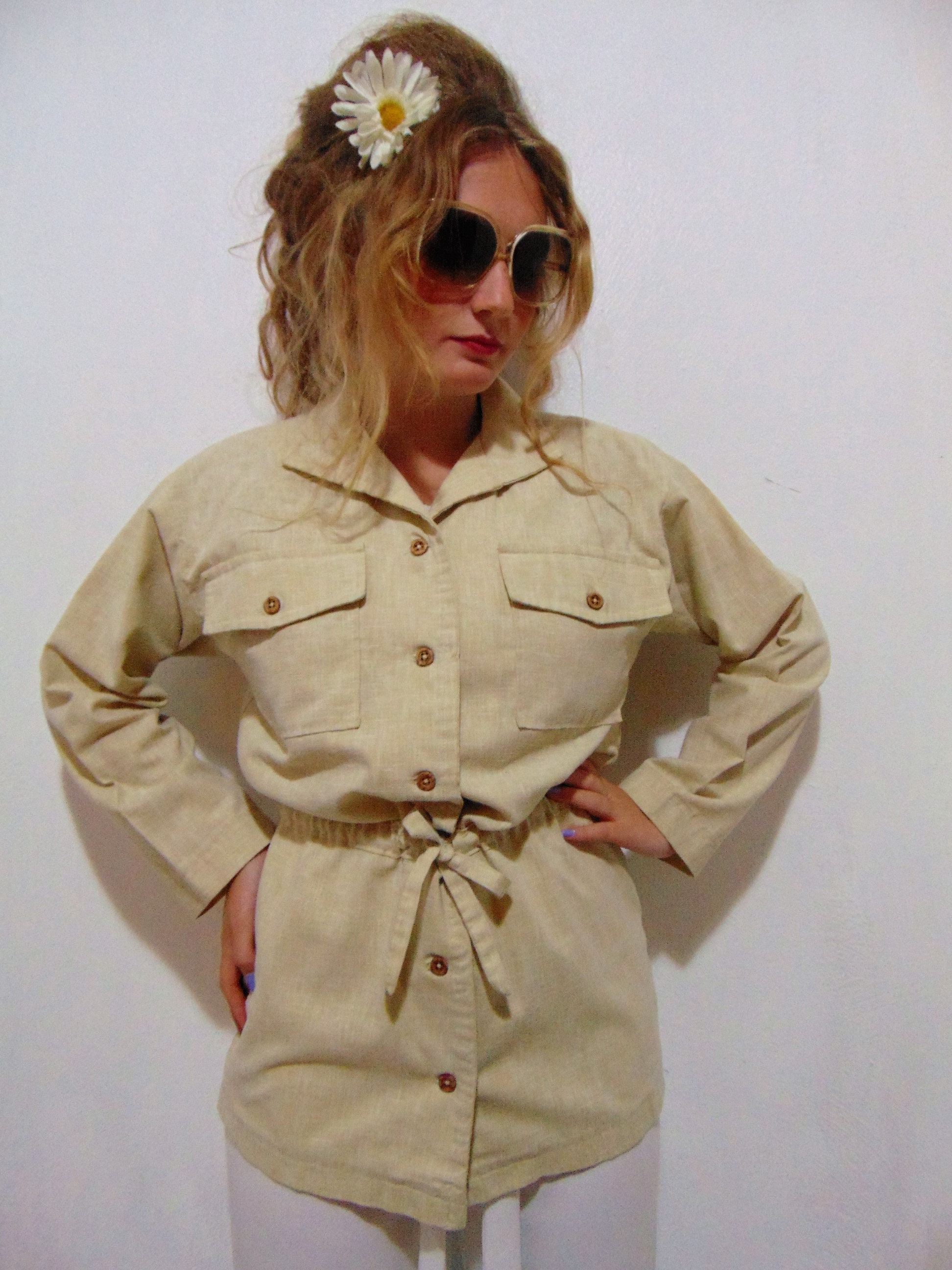 Vintage Safari cotton jacket tan cotton coat wood buttons tie | Etsy