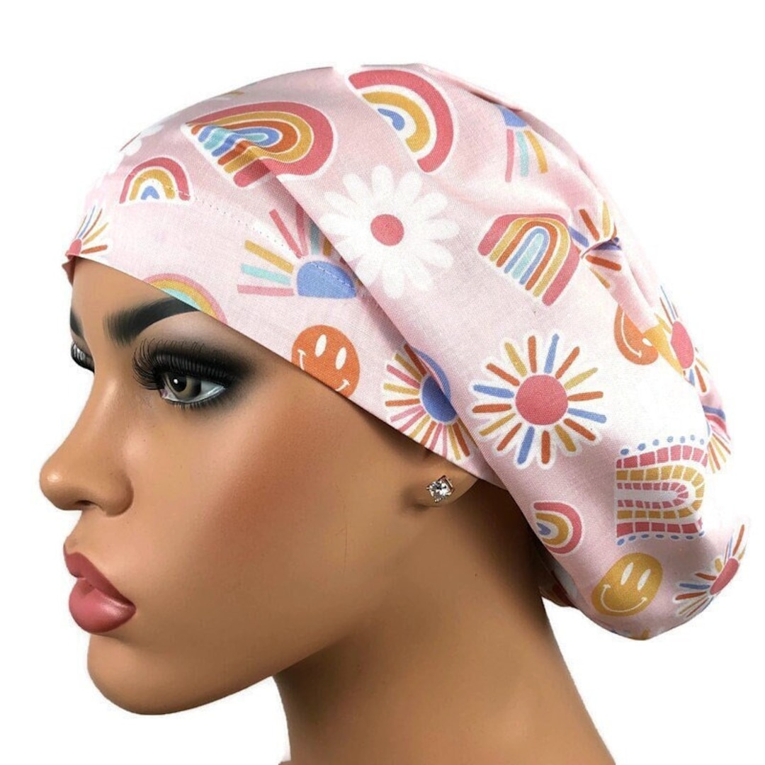 Rainbow Surgical Scrub Hat, Smiley Face Scrub Cap, Pink Nurse Hat ...